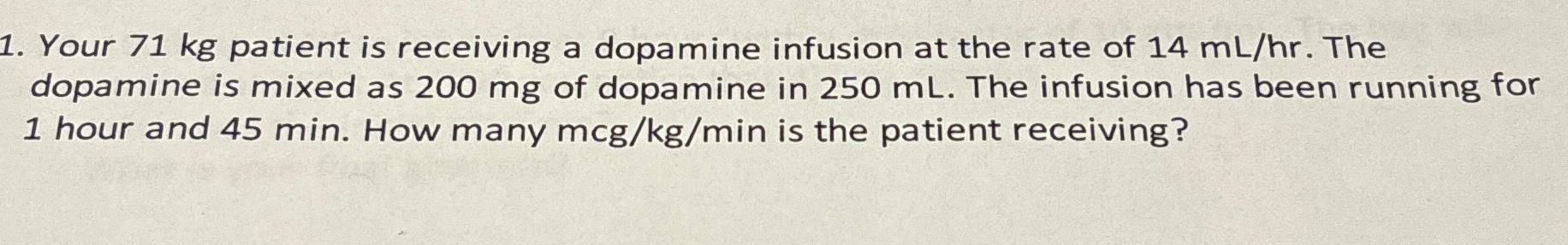 Solved Your 71kg ﻿patient is receiving a dopamine infusion | Chegg.com