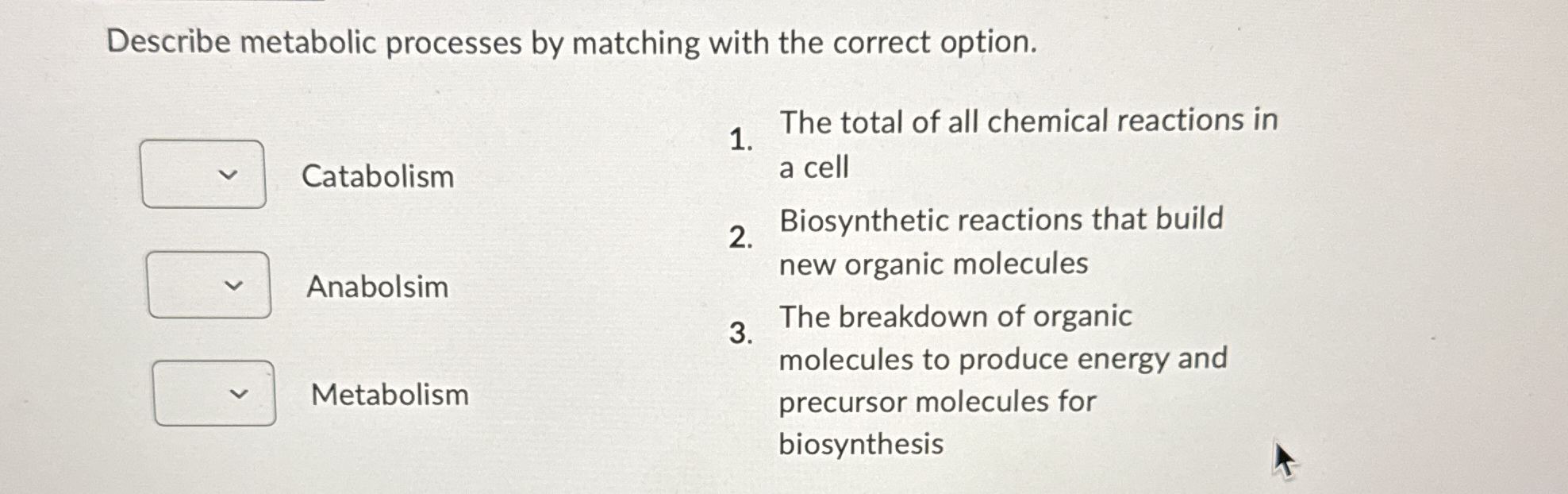 Solved Describe metabolic processes by matching with the | Chegg.com