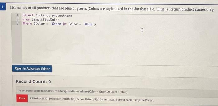 ist names of all products that are blue or green. | Chegg.com
