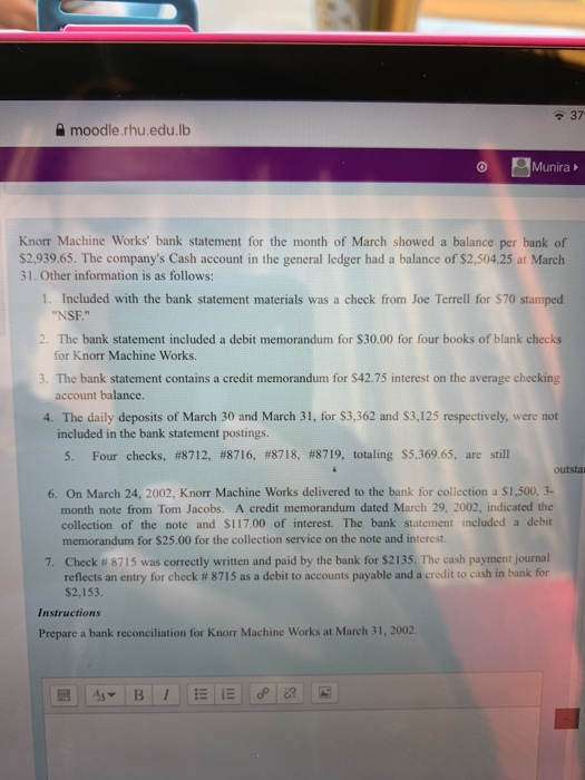 Solved . 37 moodle.rhu.edu.lb Munira Knorr Machine Works' | Chegg.com