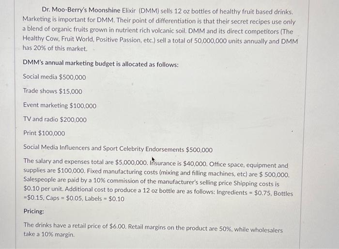 Solved Dr. Moo-Berry's Moonshine Elixir (DMM) sells 12 oz | Chegg.com