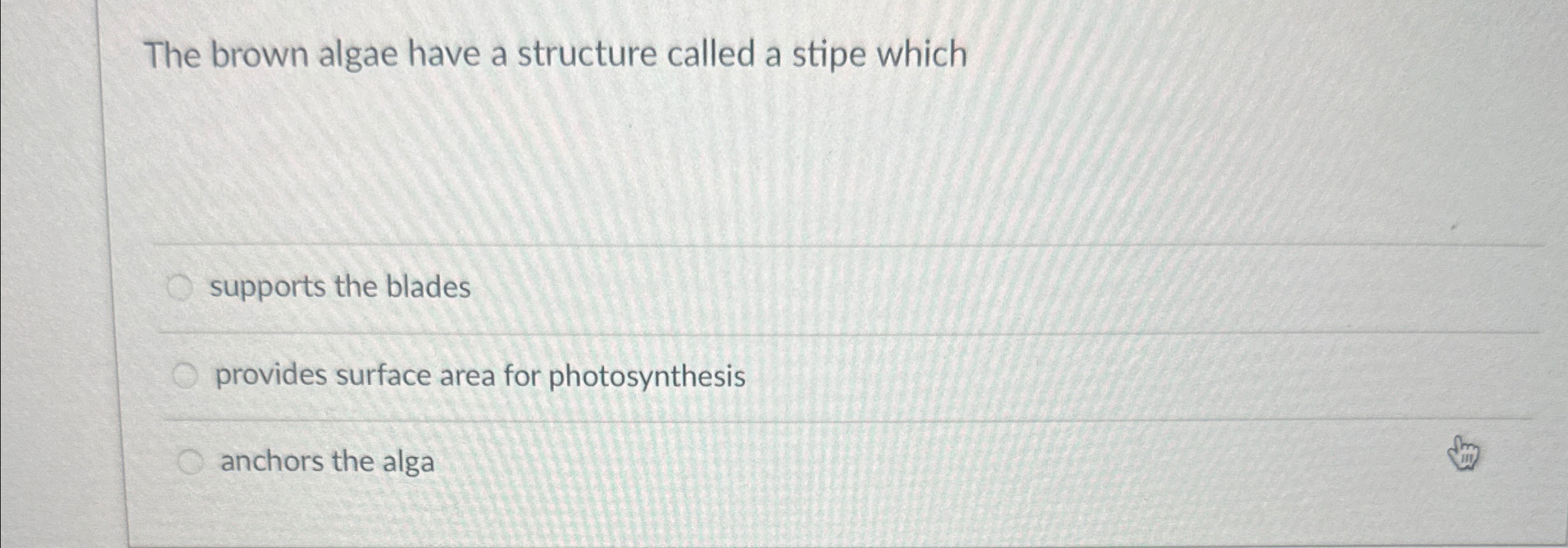 Solved The brown algae have a structure called a stipe | Chegg.com