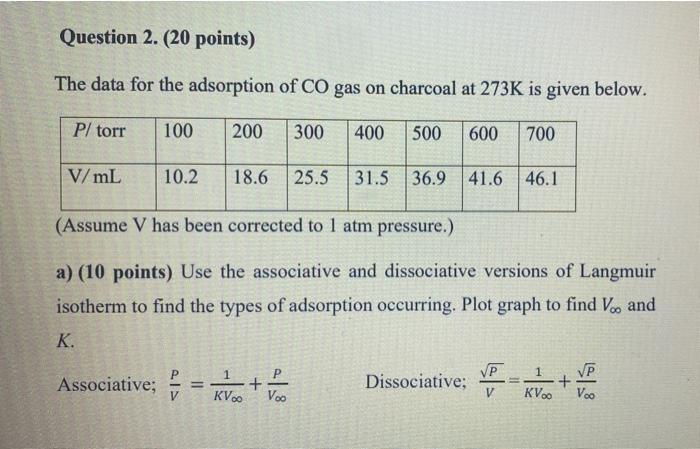 Solved Question 2. (20 points) The data for the adsorption | Chegg.com