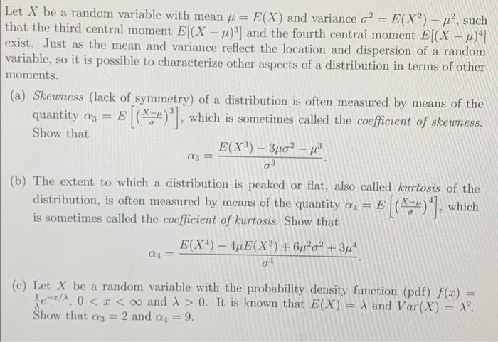 Solved Let X Be A Random Variable With Mean μex And 6867