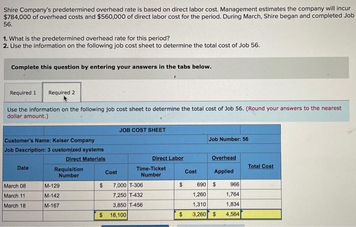Solved Shire Company's predetermined overhead rate is based | Chegg.com
