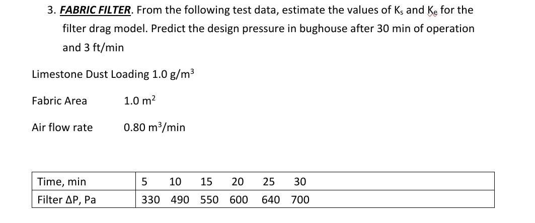 Solved 3. FABRIC FILTER. From the following test data, | Chegg.com