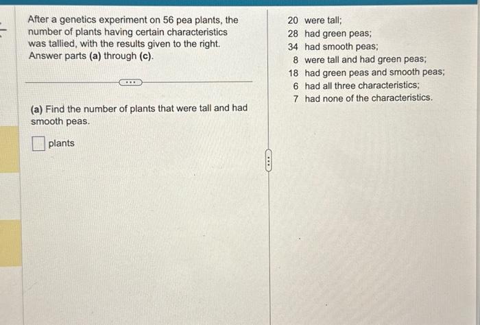 Solved After a genetics experiment on 56 pea plants, the | Chegg.com