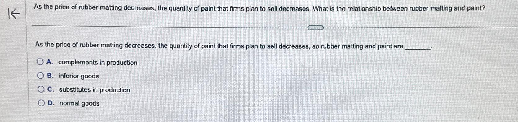 Solved As the price of rubber matting decreases, the | Chegg.com