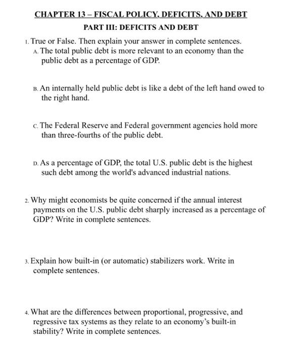 Solved CHAPTER 13 - FISCAL POLICY, DEFICITS, AND DEBT PART | Chegg.com