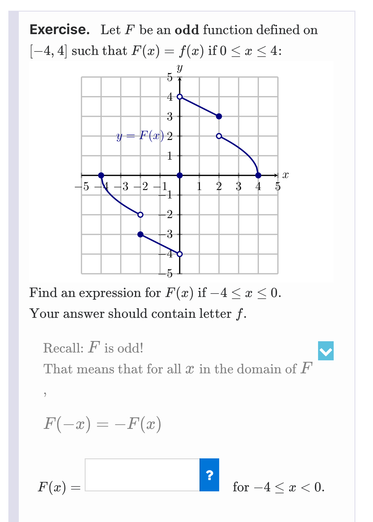 Solved Exercise. Let F ﻿be an odd function defined on -4,4 | Chegg.com