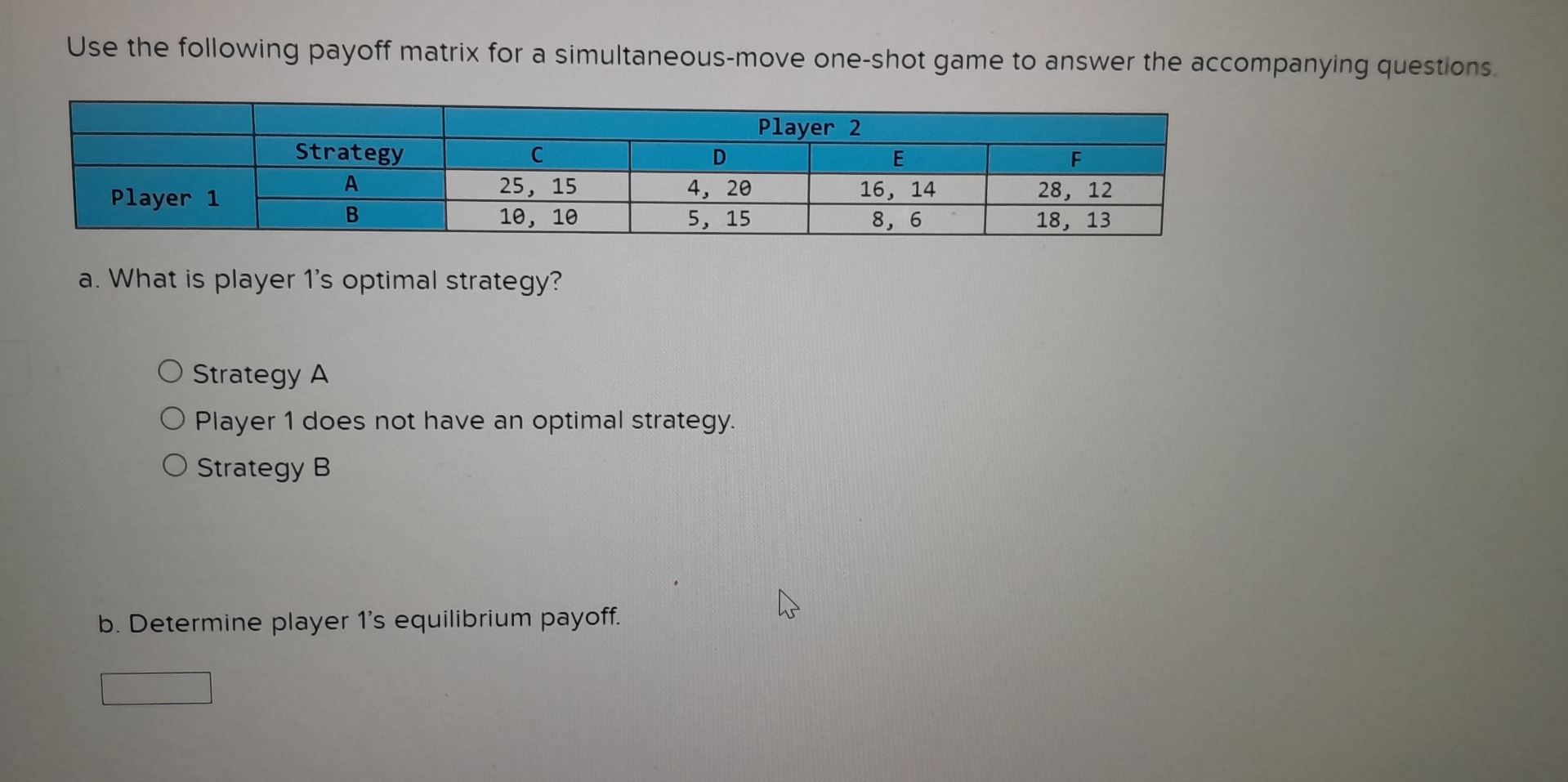 Solved Use the following payoff matrix for a | Chegg.com