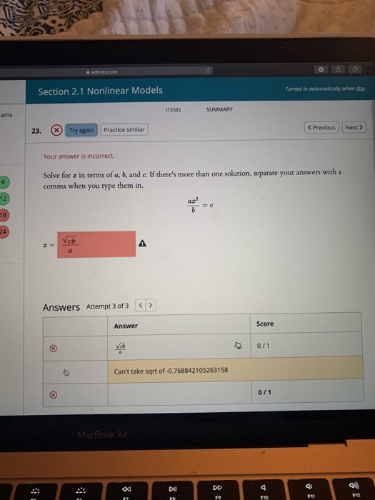 Solved edfinity.com Section 2.1 Nonlinear Models Turned in | Chegg.com