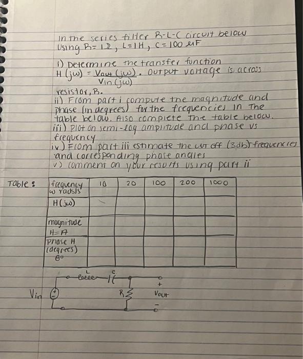 Solved In the series filter R-L-C circuit below using | Chegg.com