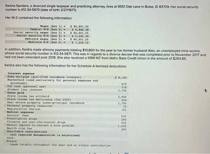 Keisha Sanders, a divorced single taxpayer and | Chegg.com
