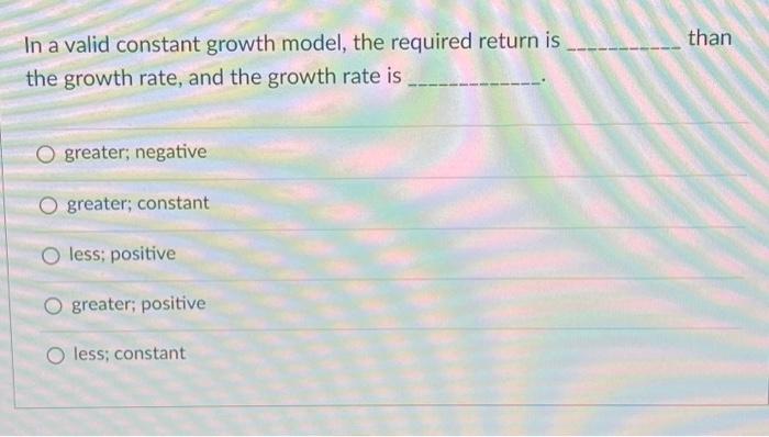 Solved In a valid constant growth model, the required return | Chegg.com