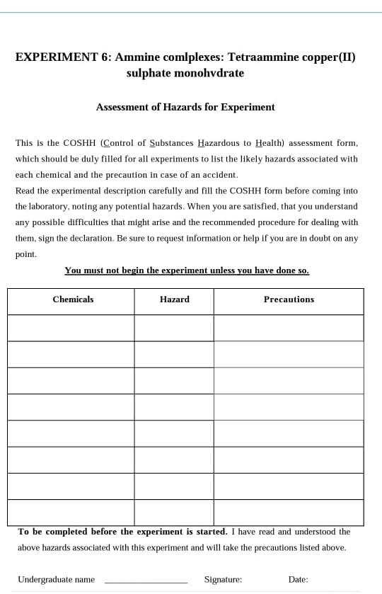 Solved EXPERIMENT 6: Ammine comlplexes: Tetraammine | Chegg.com