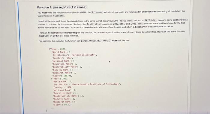 Solved Function 2: parse_html(filename) You must wree this | Chegg.com