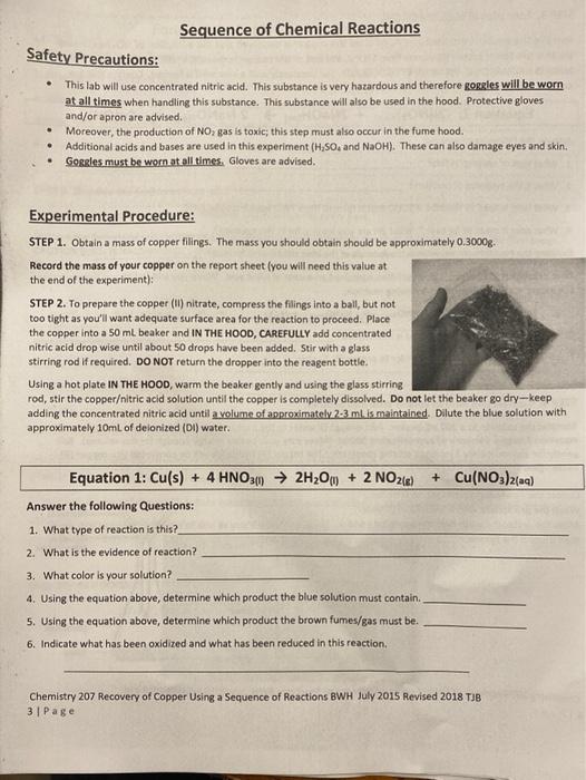 Solved Sequence of Chemical Reactions Safety Precautions: | Chegg.com