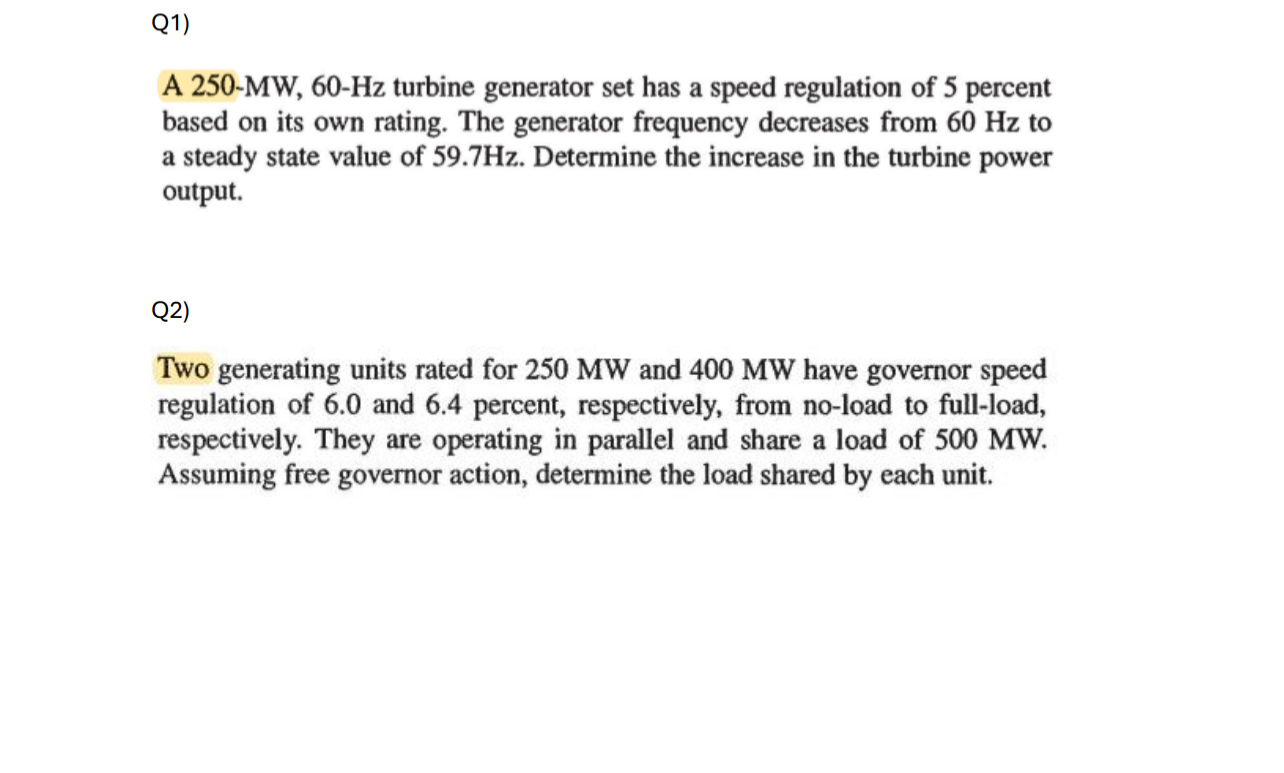 Solved Q1)A 250-MW,60-Hz ﻿turbine generator set has a speed | Chegg.com