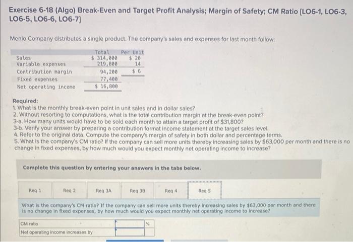 Solved Exercise 6-18 (Algo) Break-Even and Target Profit | Chegg.com