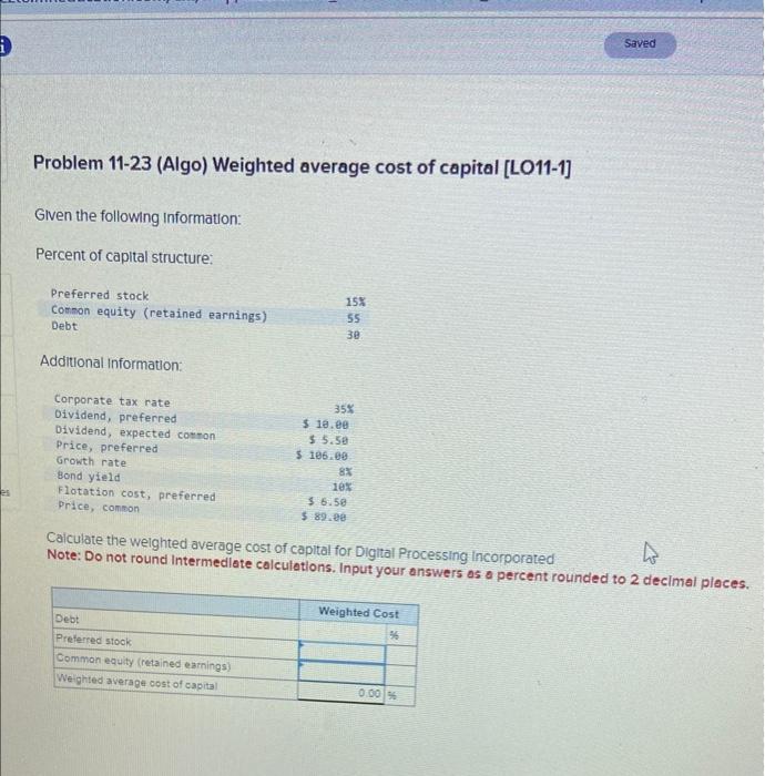 Solved Problem 11-23 (Algo) Weighted average cost of capital | Chegg.com