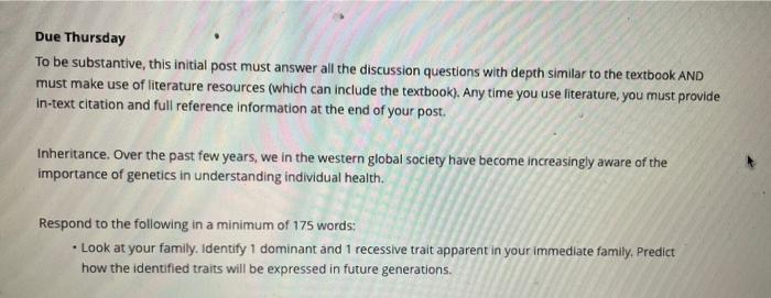 Solved Due Thursday To be substantive, this initial post | Chegg.com