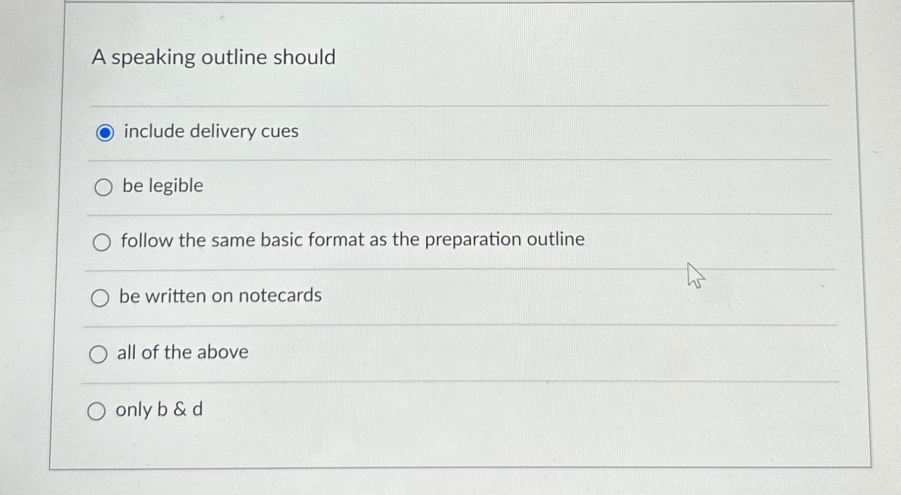 Solved A speaking outline shouldinclude delivery cuesbe | Chegg.com