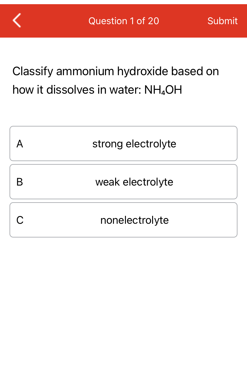 Solved Question 1 ﻿of 20SubmitClassify ammonium hydroxide | Chegg.com