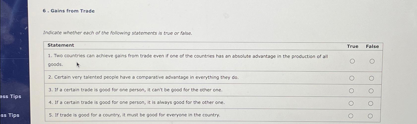 Solved Gains from TradeIndicate whether each of the | Chegg.com