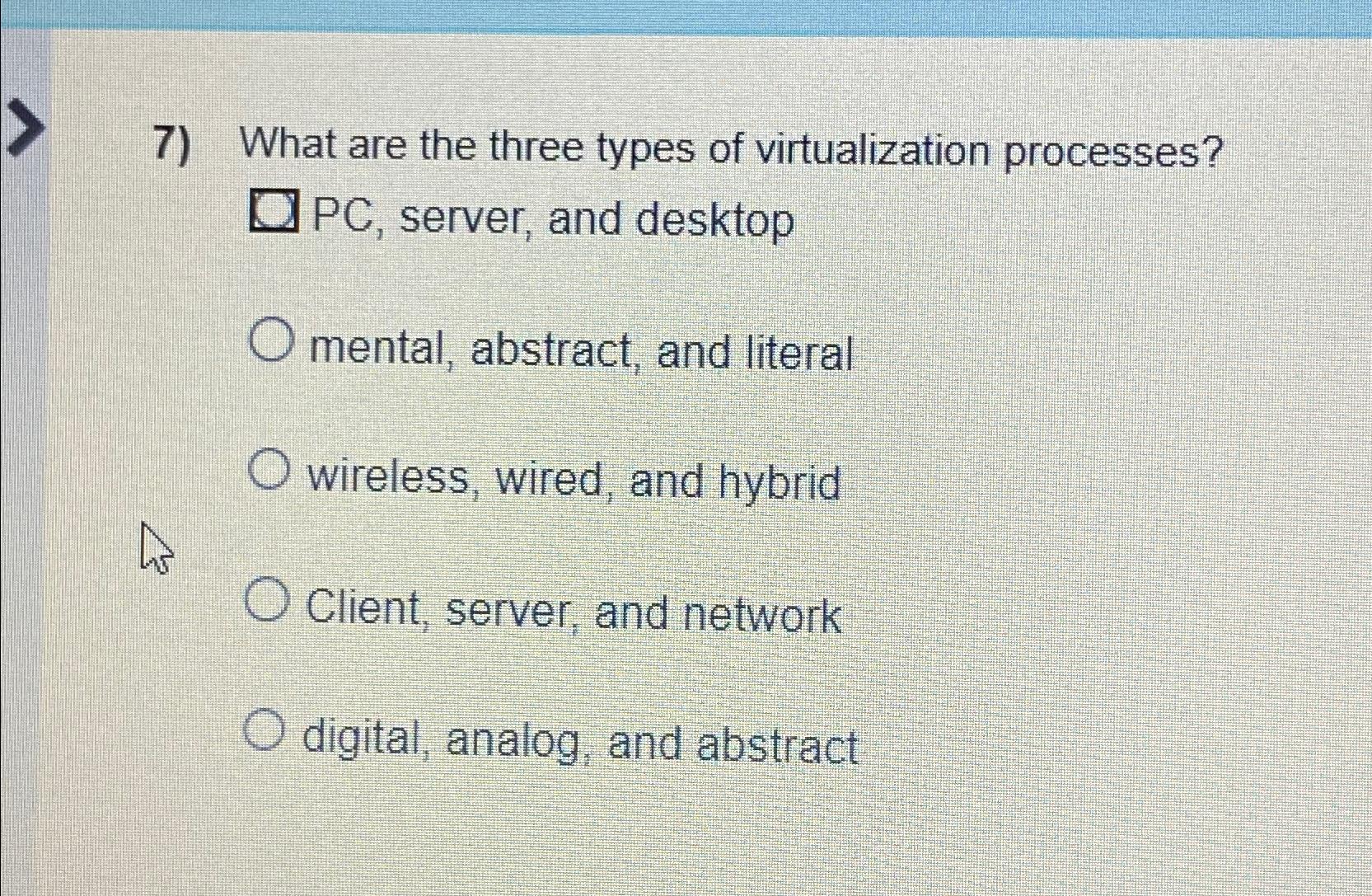 Solved What are the three types of virtualization | Chegg.com