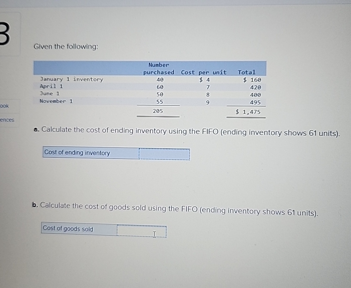 Given the following:a. ﻿Calculate the cost of ending | Chegg.com
