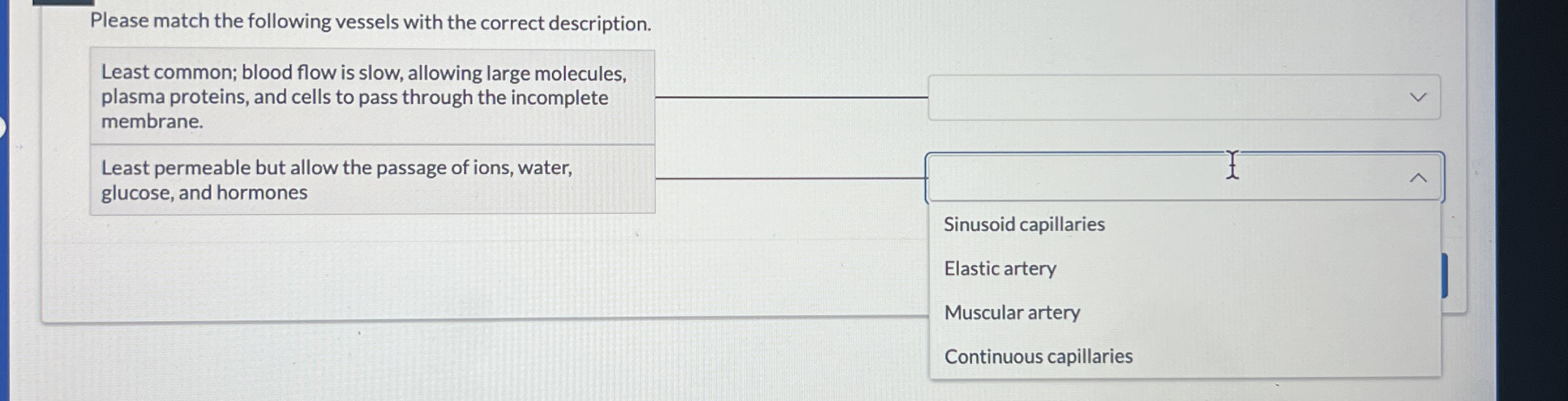Please match the following vessels with the correct | Chegg.com