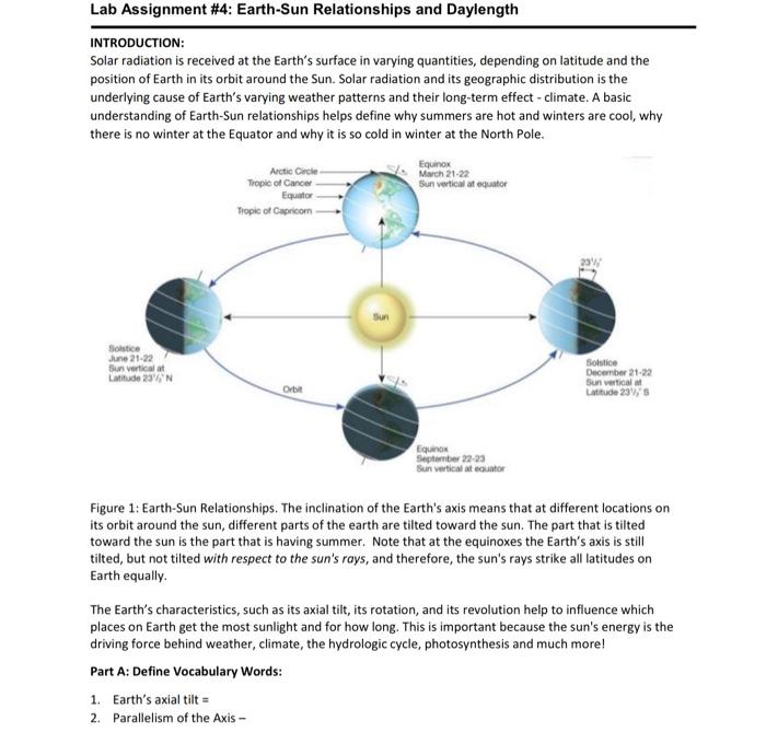 Solved Lab Assignment #4: Earth-Sun Relationships and | Chegg.com