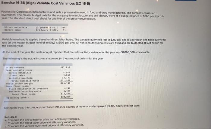 Solved Exercise 16-36 (Algo) Variable Cost Variances (LO | Chegg.com