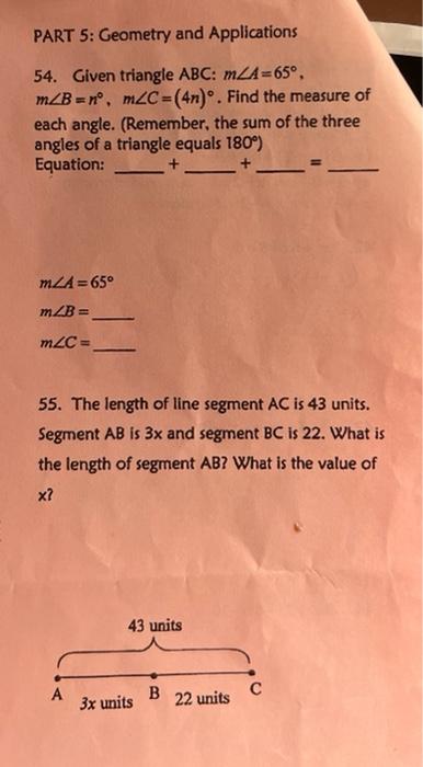 Solved 54. Given triangle ABC:m∠A=65∘, m∠B=n∘,m∠C=(4n)∘. | Chegg.com