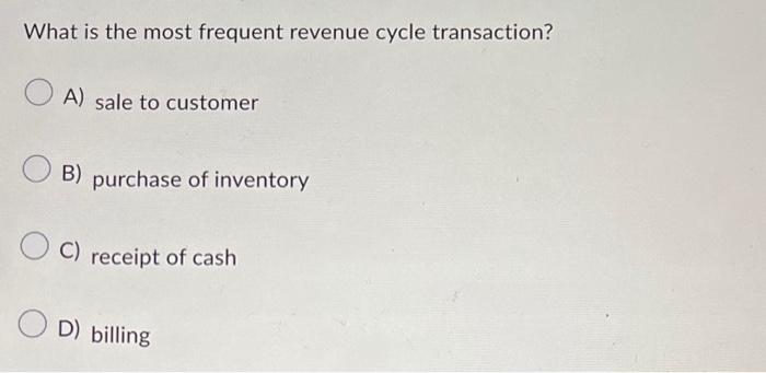 Solved What is the most frequent revenue cycle transaction? | Chegg.com