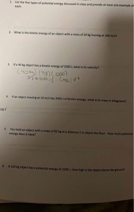Solved 1. List the five types of potential energy discussed | Chegg.com
