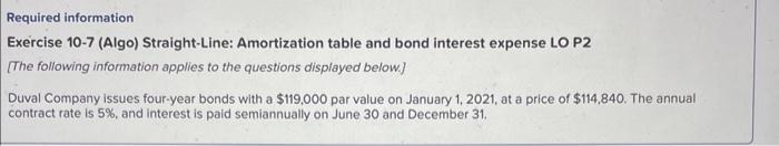 Solved Required information Exercise 10-7 (Algo) | Chegg.com