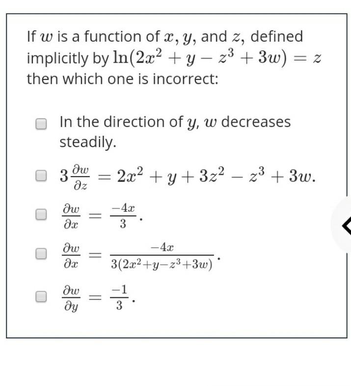 Solved If w is a function of x, y, and z, defined implicitly | Chegg.com