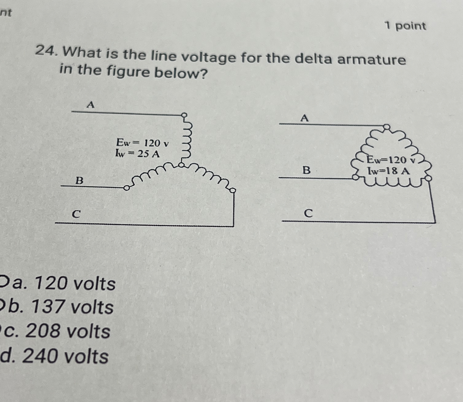 Solved 1 ﻿point24. ﻿What is the line voltage for the delta | Chegg.com