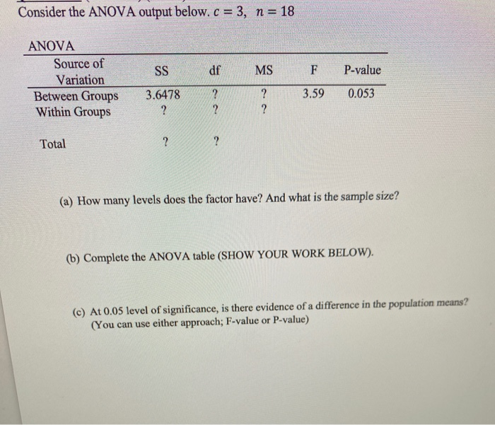 Solved Consider the ANOVA output below. c = 3, n = 18 SS df | Chegg.com