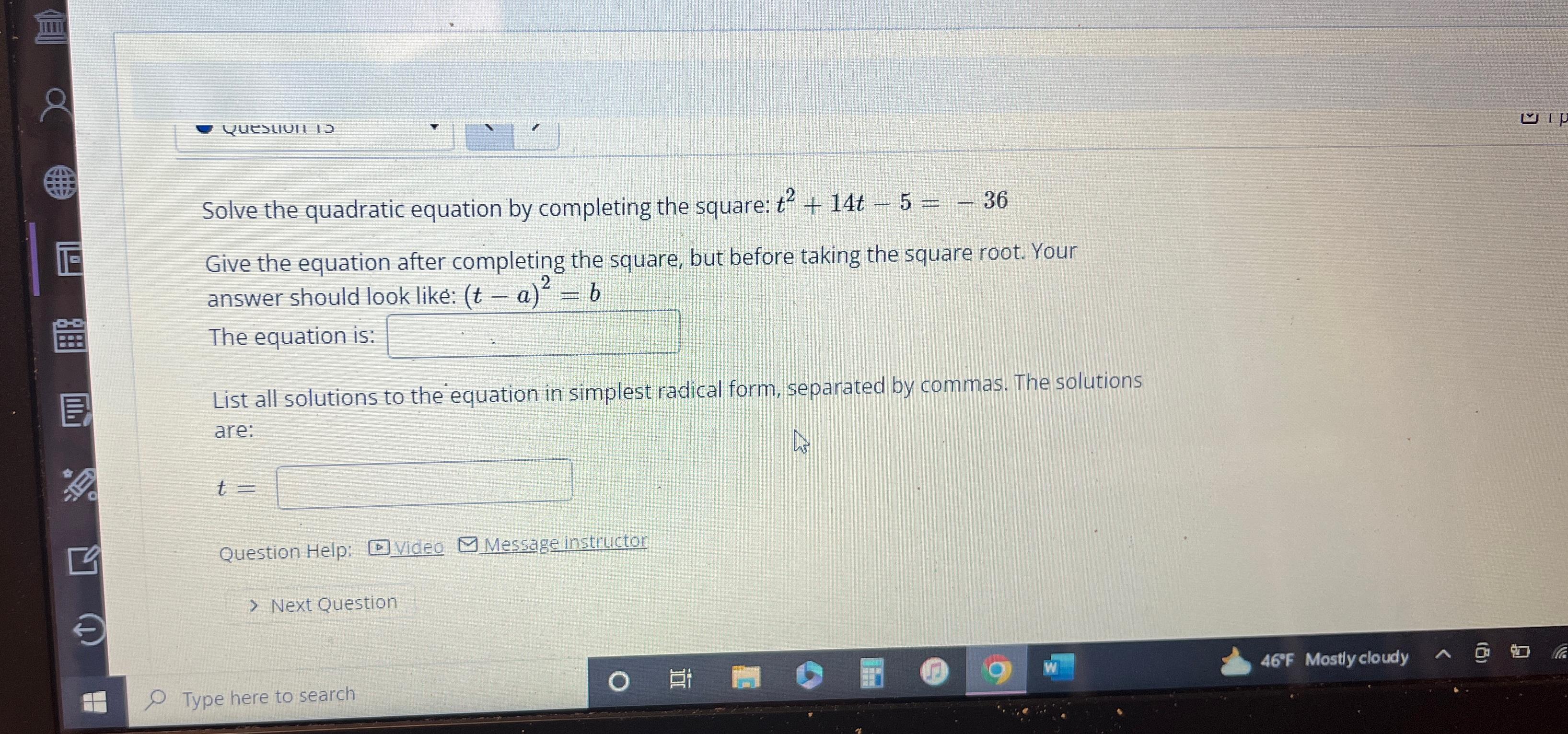 Solved Solve the quadratic equation by completing the | Chegg.com