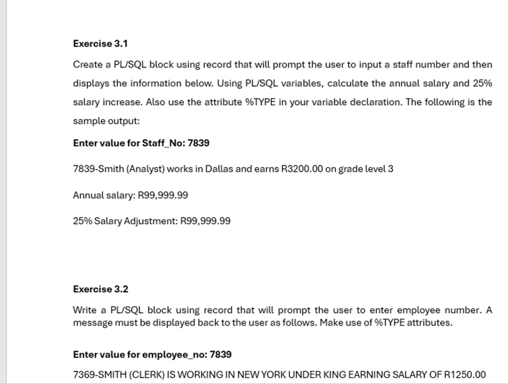 Solved Exercise 3 4write A Pl Sql Block That Will Prompt For