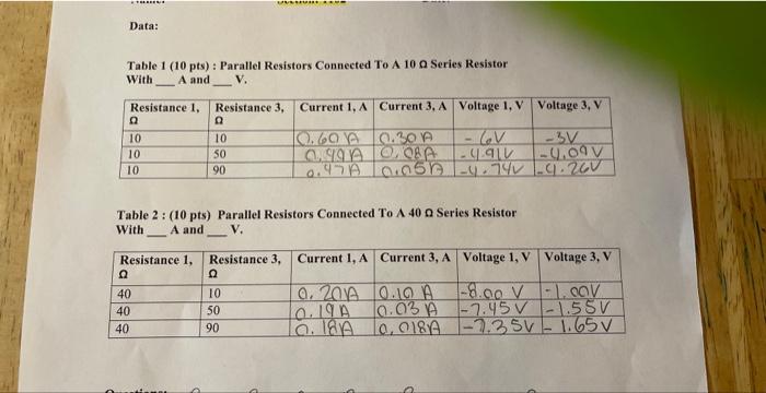 Solved Table 1 (10 pts) : Parallel Resistors Connected To A | Chegg.com Solved Table 1 (10 pts) : Parallel Resistors Connected To A | Chegg.com