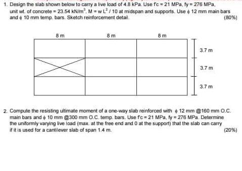 Solved 1. Design the slab shown below to carry a live load | Chegg.com