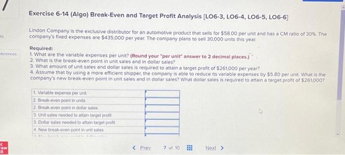 Solved Exercise 6-14 (Algo) Break-Even and Target Profit | Chegg.com