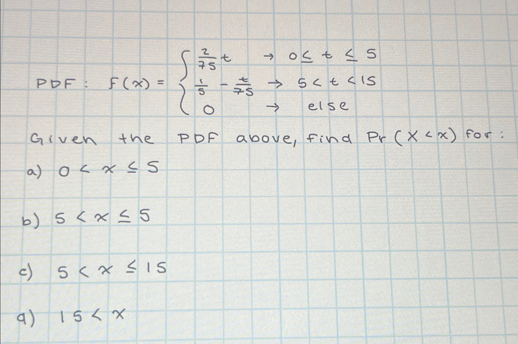 Solved PDF: f(x)={275t,→0≤t≤515-t75,→5 else Given the PDF | Chegg.com