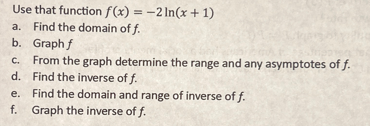Solved Use that function f(x)=-2ln(x+1)a. ﻿Find the domain | Chegg.com