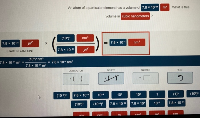 Solved An atom of a particular element has a volume of 7.8 x | Chegg.com