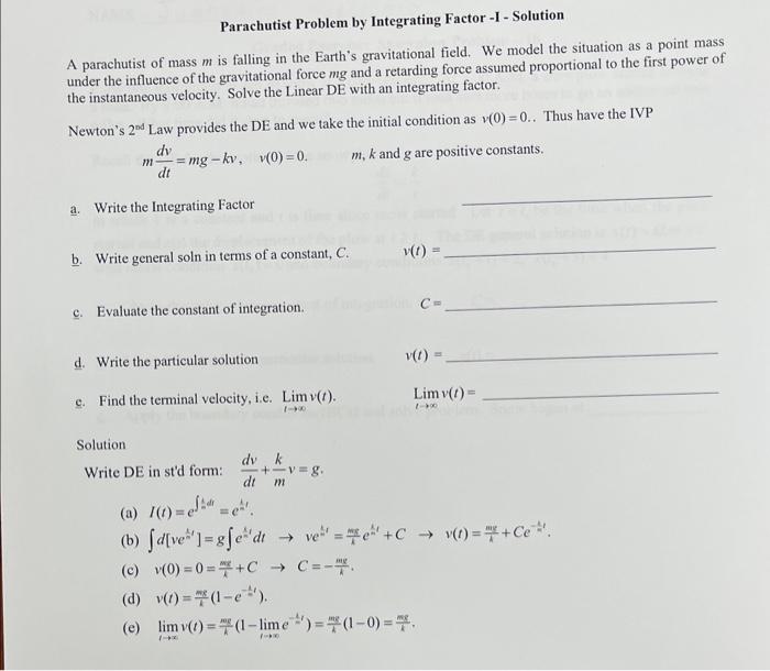 Parachutist Problem by Integrating Factor - I - | Chegg.com